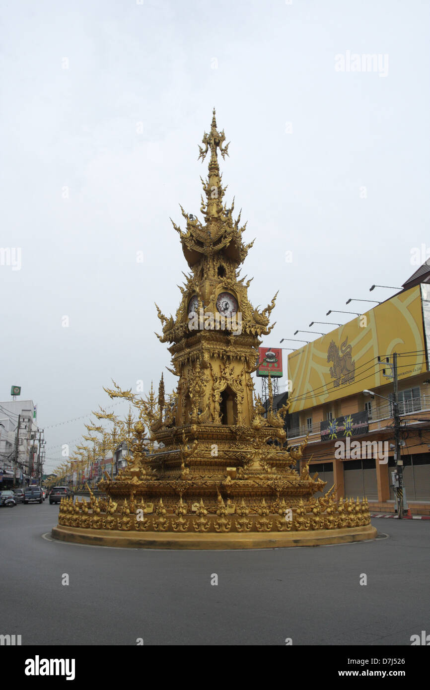 Golden clock tower on main street in Chiang Rai province , Thailand ...