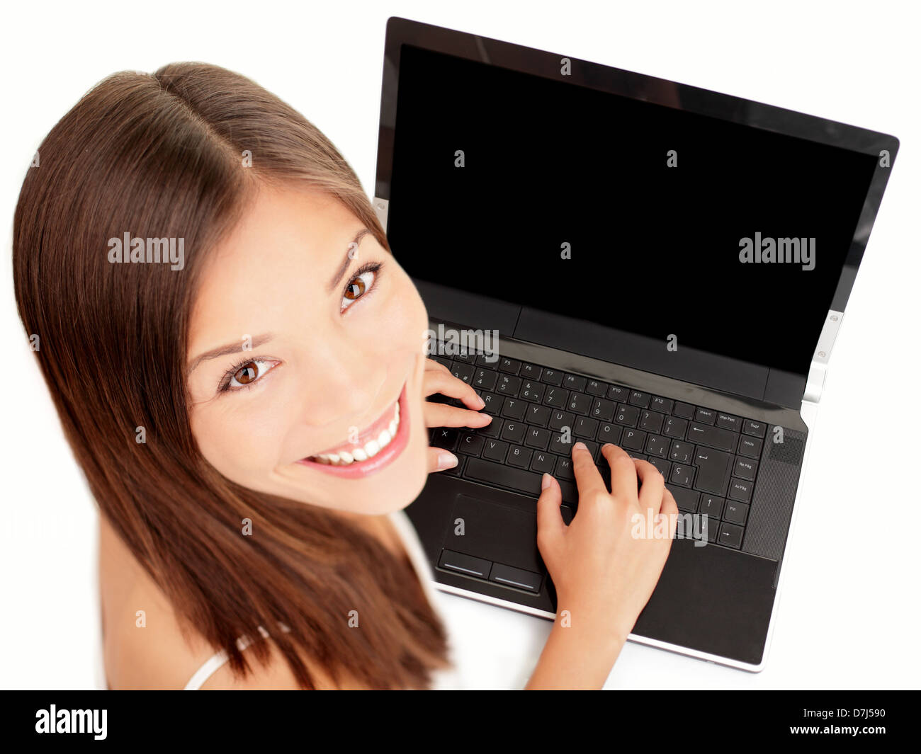 Laptop woman. Woman using laptop computer pc with copy space on screen ...