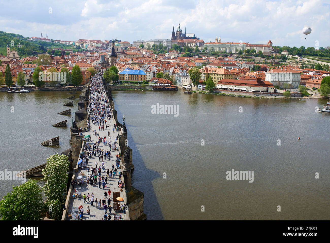 Tourists Crossing the Charles Bridge, Prague, Czech Republic, view from ...
