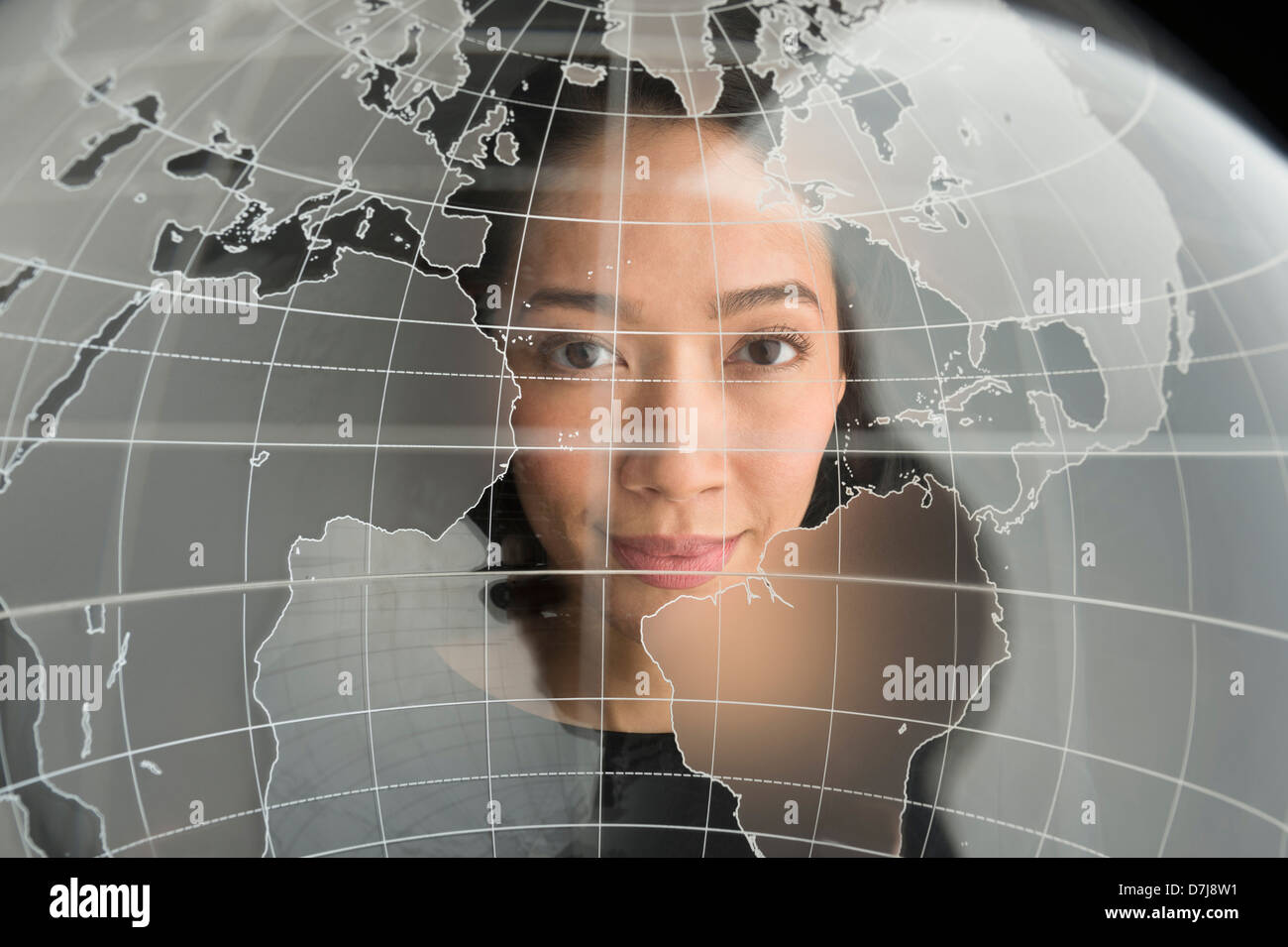 Digital portrait of young woman on world map Stock Photo - Alamy