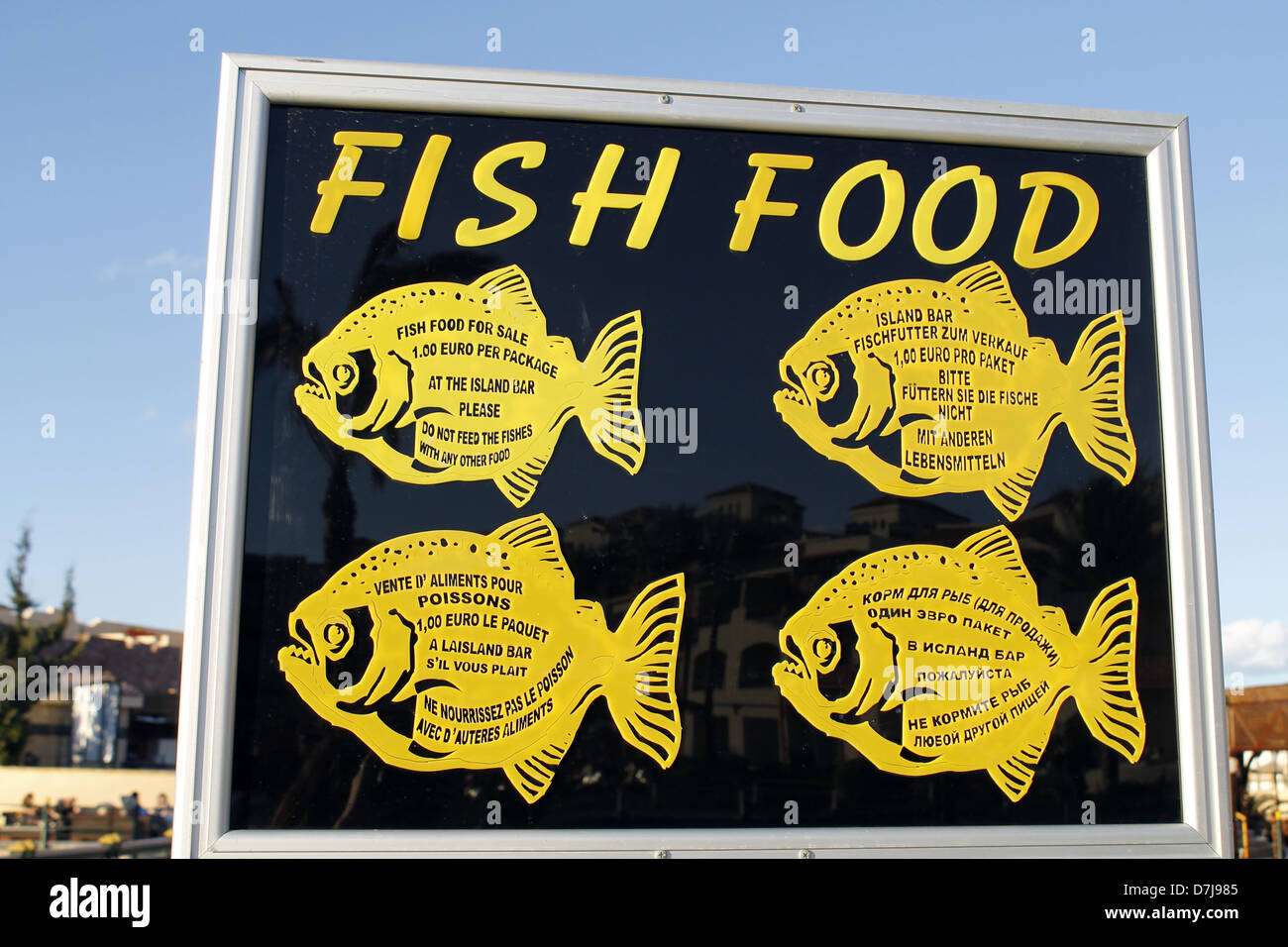 FISH FOOD SIGN IN 4 LANGUAGES HURGHADA EGYPT 06 January 2013 Stock ...