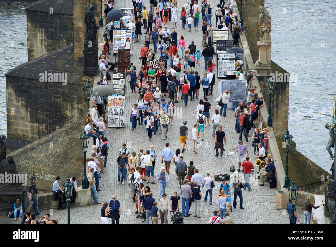 Tourists Crossing the Charles Bridge, Prague, Czech Republic, view from ...