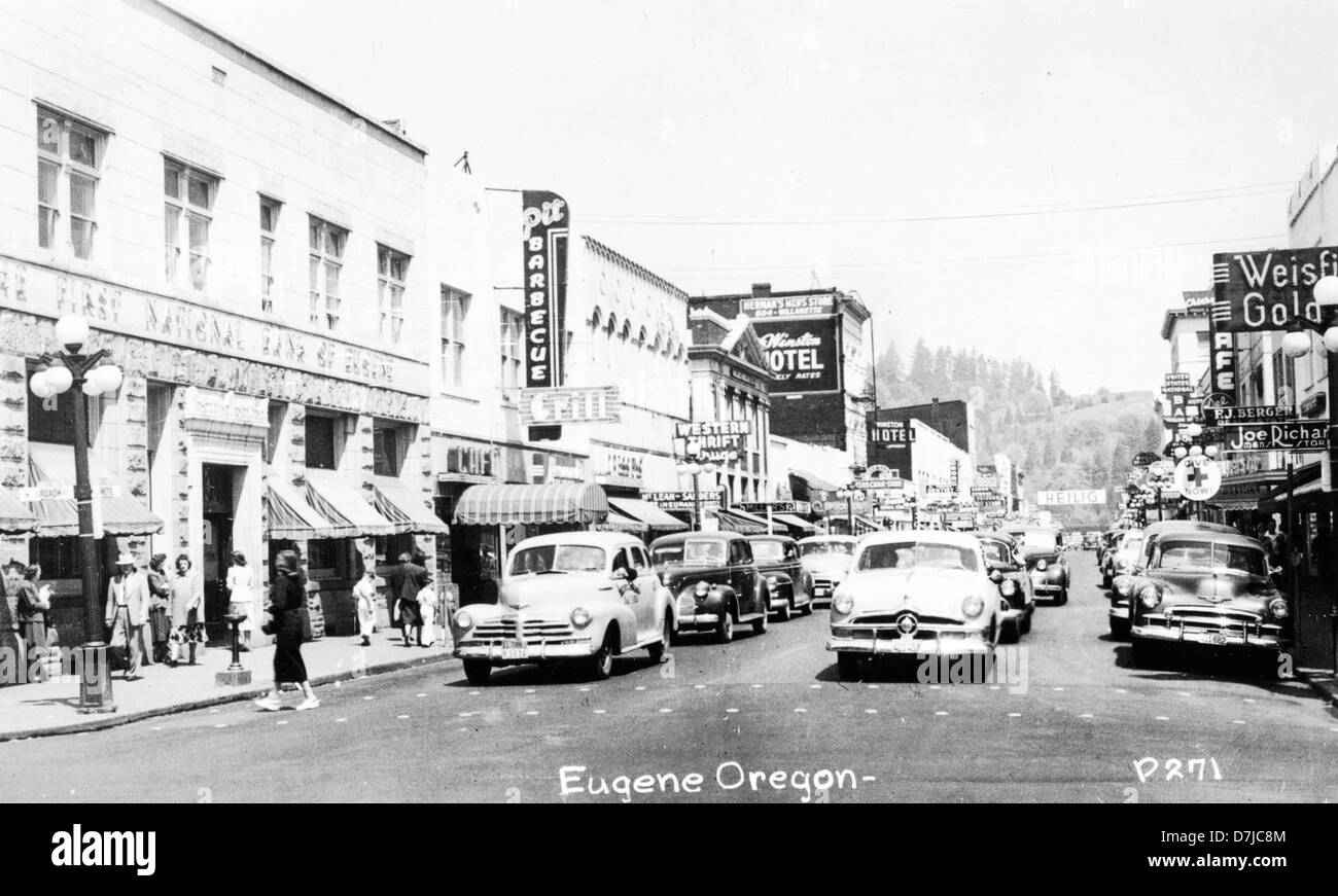 This photograph from circa 1955 shows downtown Eugene, Oregon, with ...