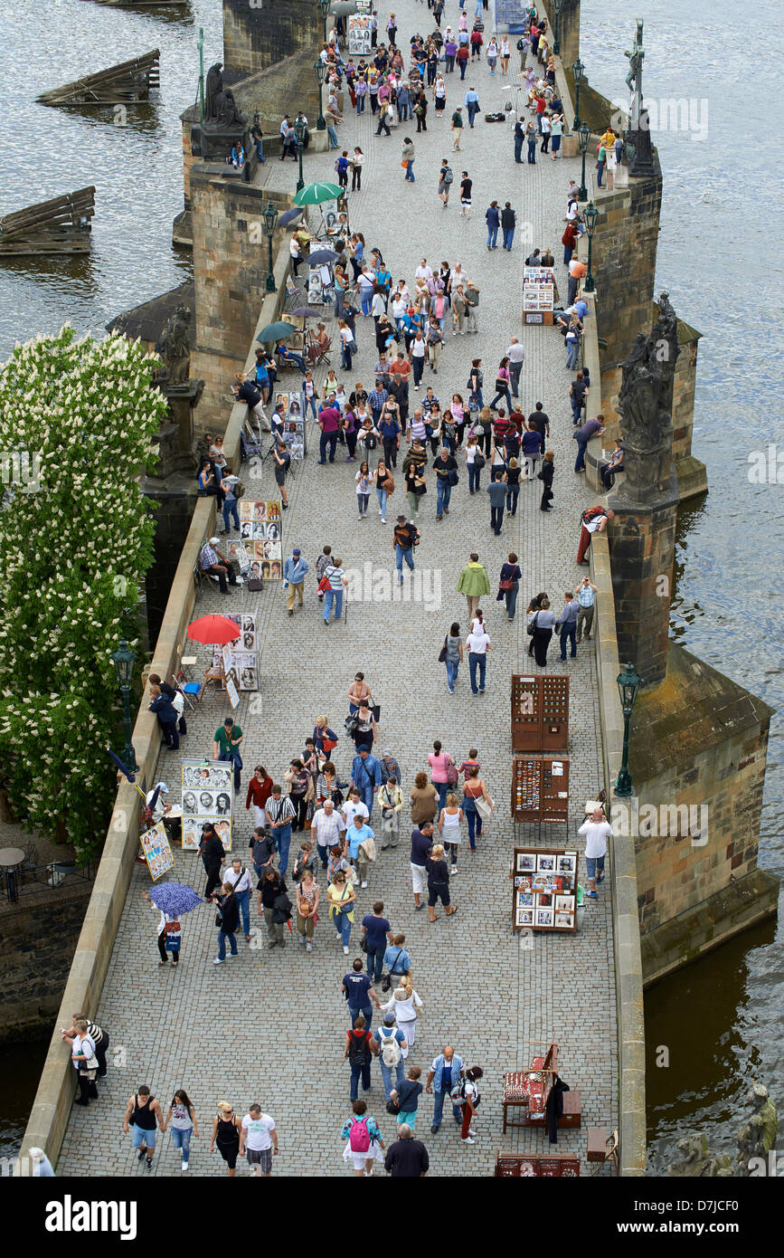 Tourists Crossing the Charles Bridge, Prague, Czech Republic, view from ...