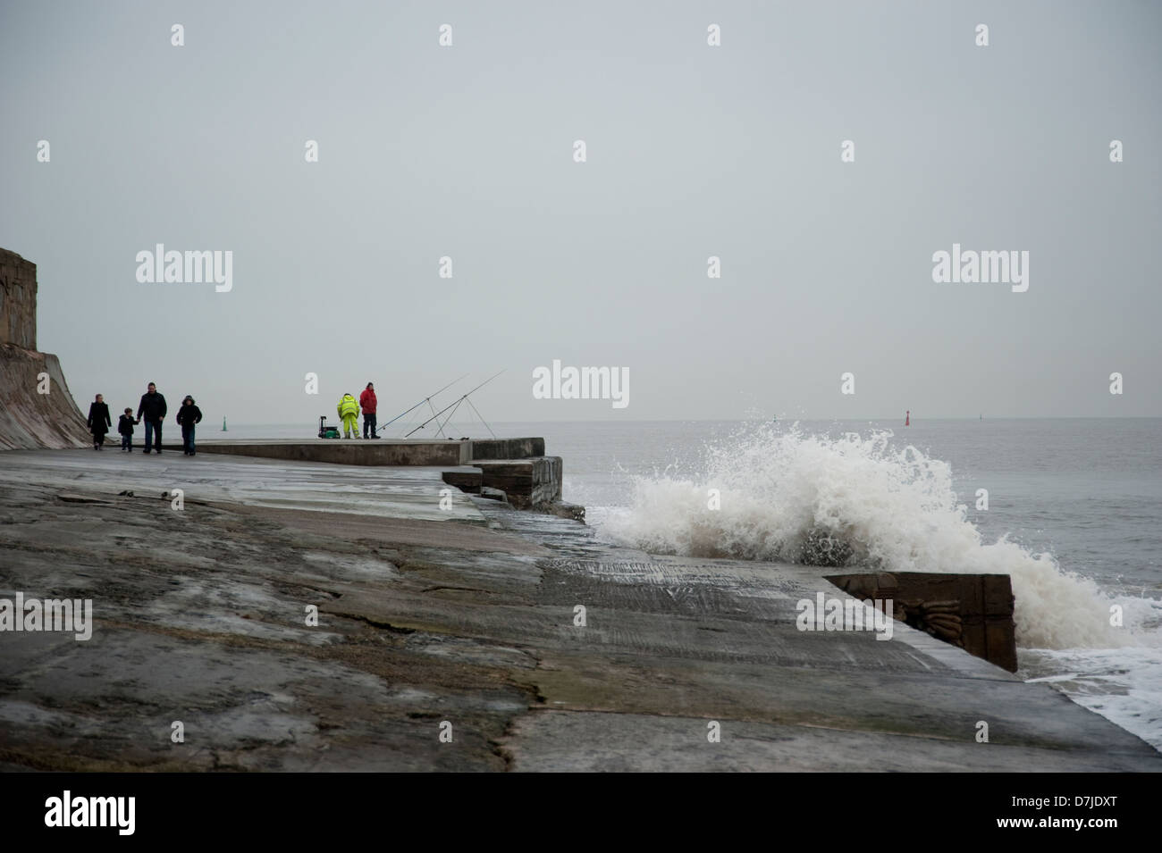 redcar gare,people fishing,family,stormy weather, crashing waves.pier ...