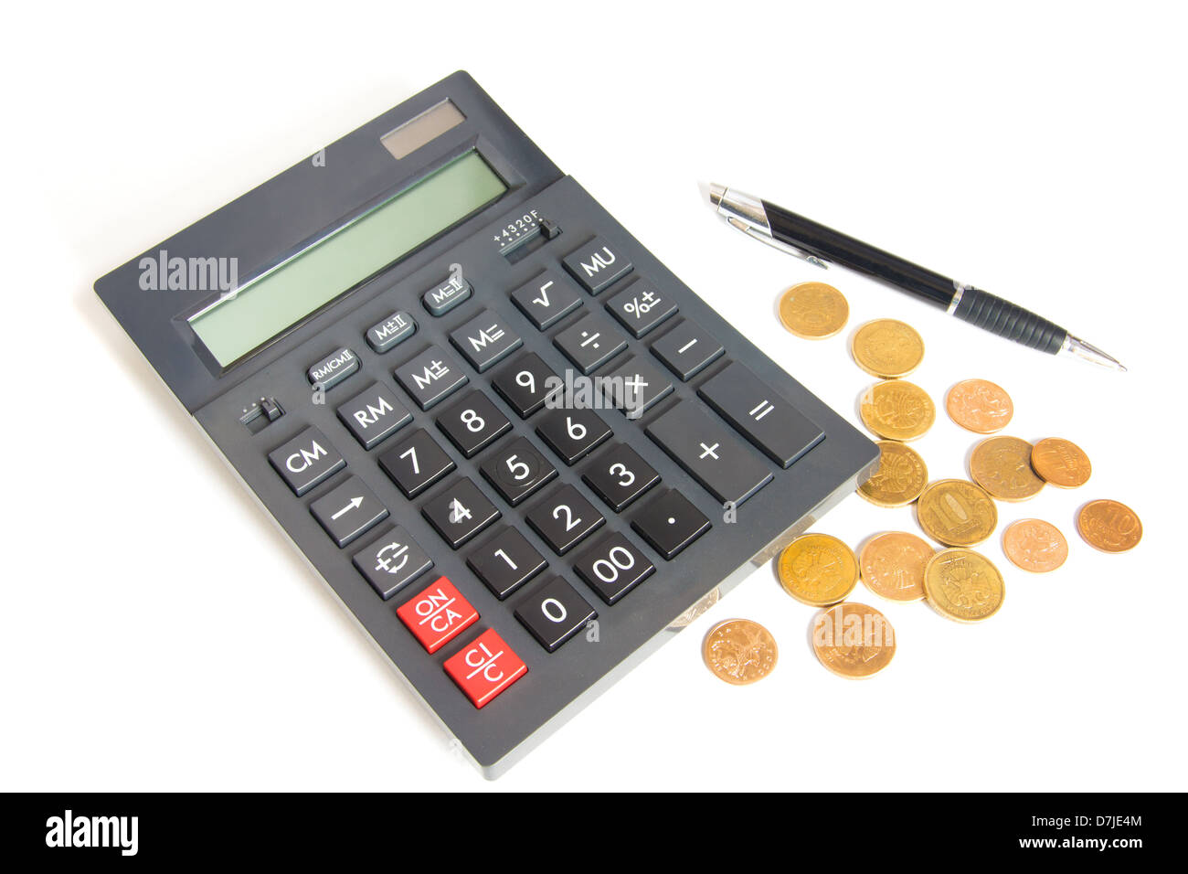 Сalculator, pen and coins close up isolated on white background Stock ...