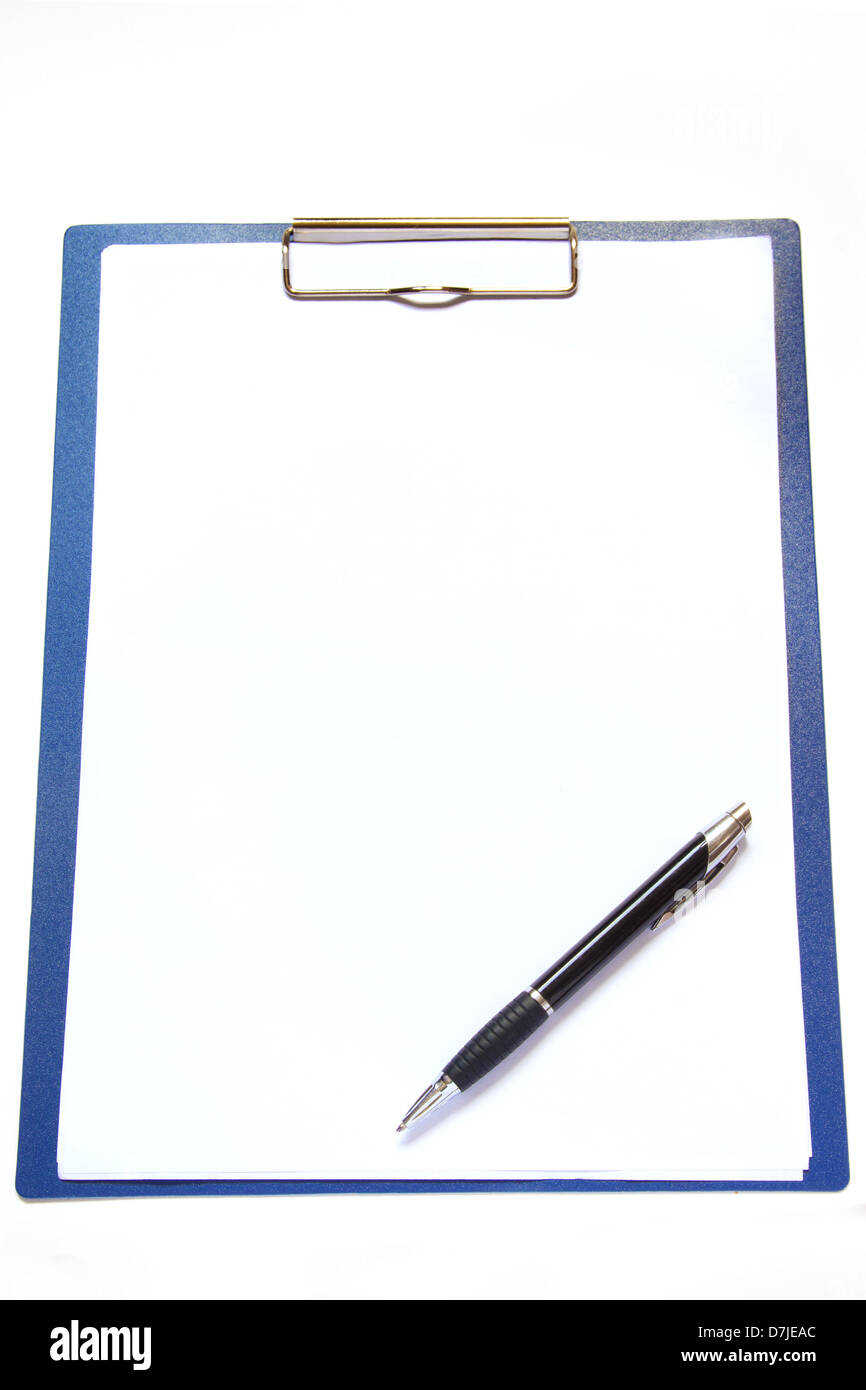Clipboard and pen isolated on white background Stock Photo - Alamy