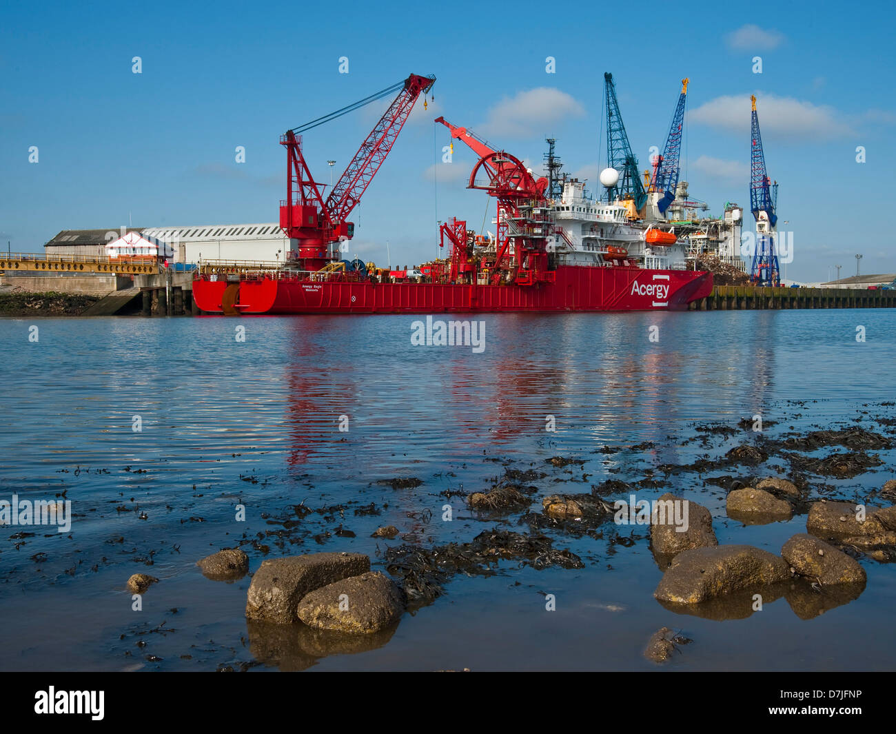 ship in harbour at Hartlepool, rocks,sea,blue sky, pipe laying boat ...