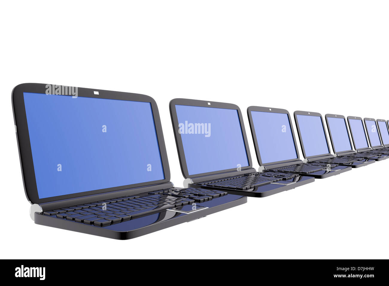Several pc laptops aligned Stock Photo - Alamy