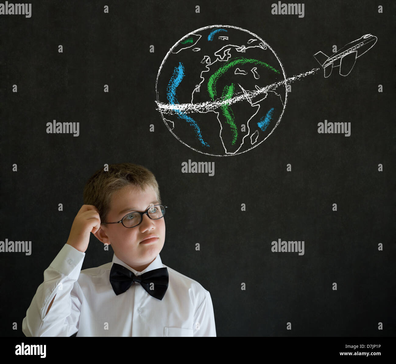 Scratching head thinking boy dressed up as business man with chalk ...