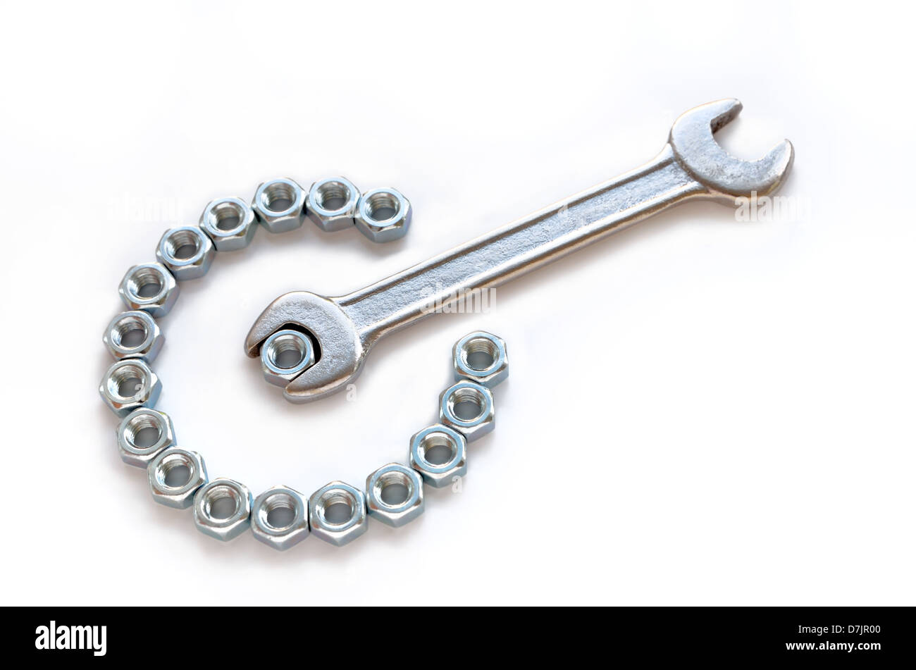 chrome spanner with nuts and bolts Stock Photo - Alamy