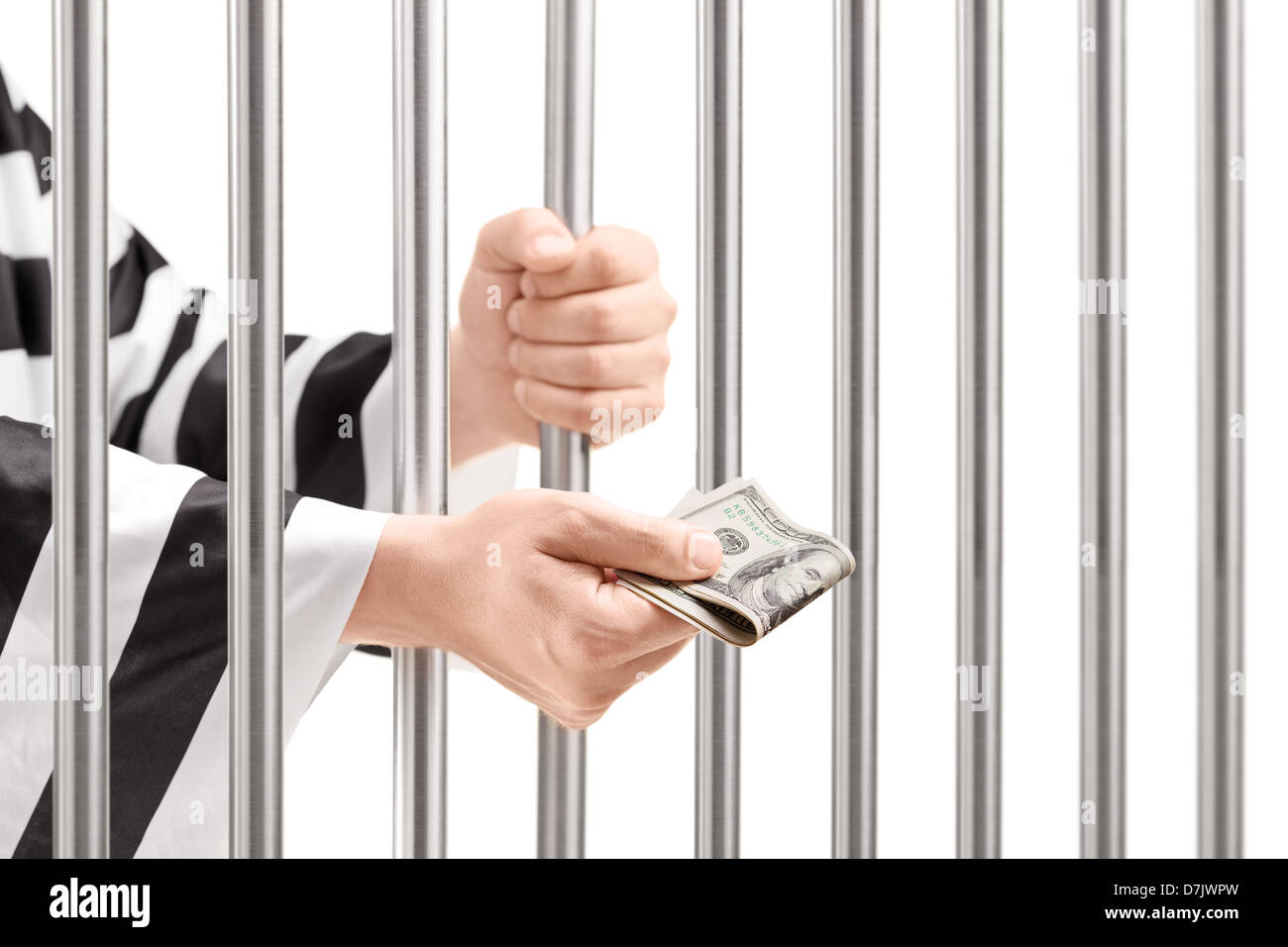Man in jail holding prison bars and giving bribe isolated on white ...