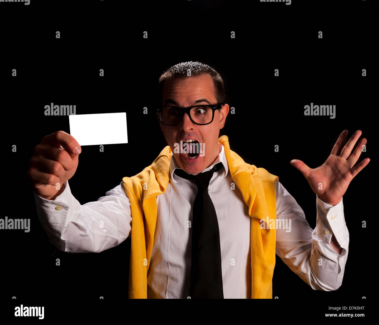 Happy man face with blank calling card Stock Photo - Alamy