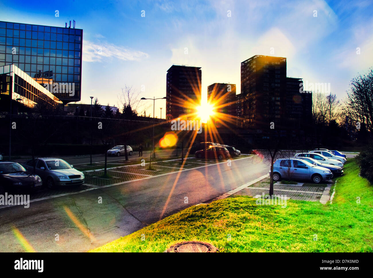 Buildings view in sunset time Stock Photo - Alamy