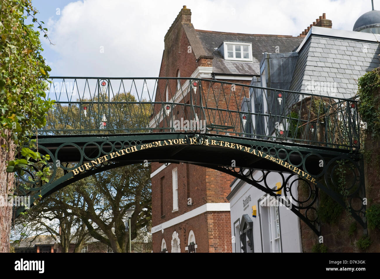 Old metal bridge footbridge dated 1814 on Cathedral Close Exeter Devon ...