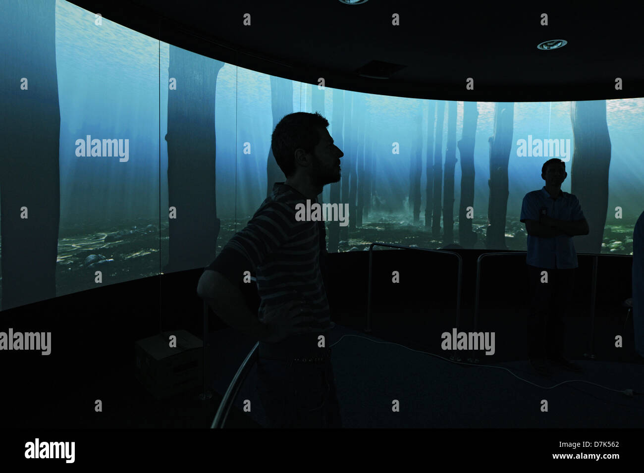 A staff member watches a preliminary test of the new 360-degree ...