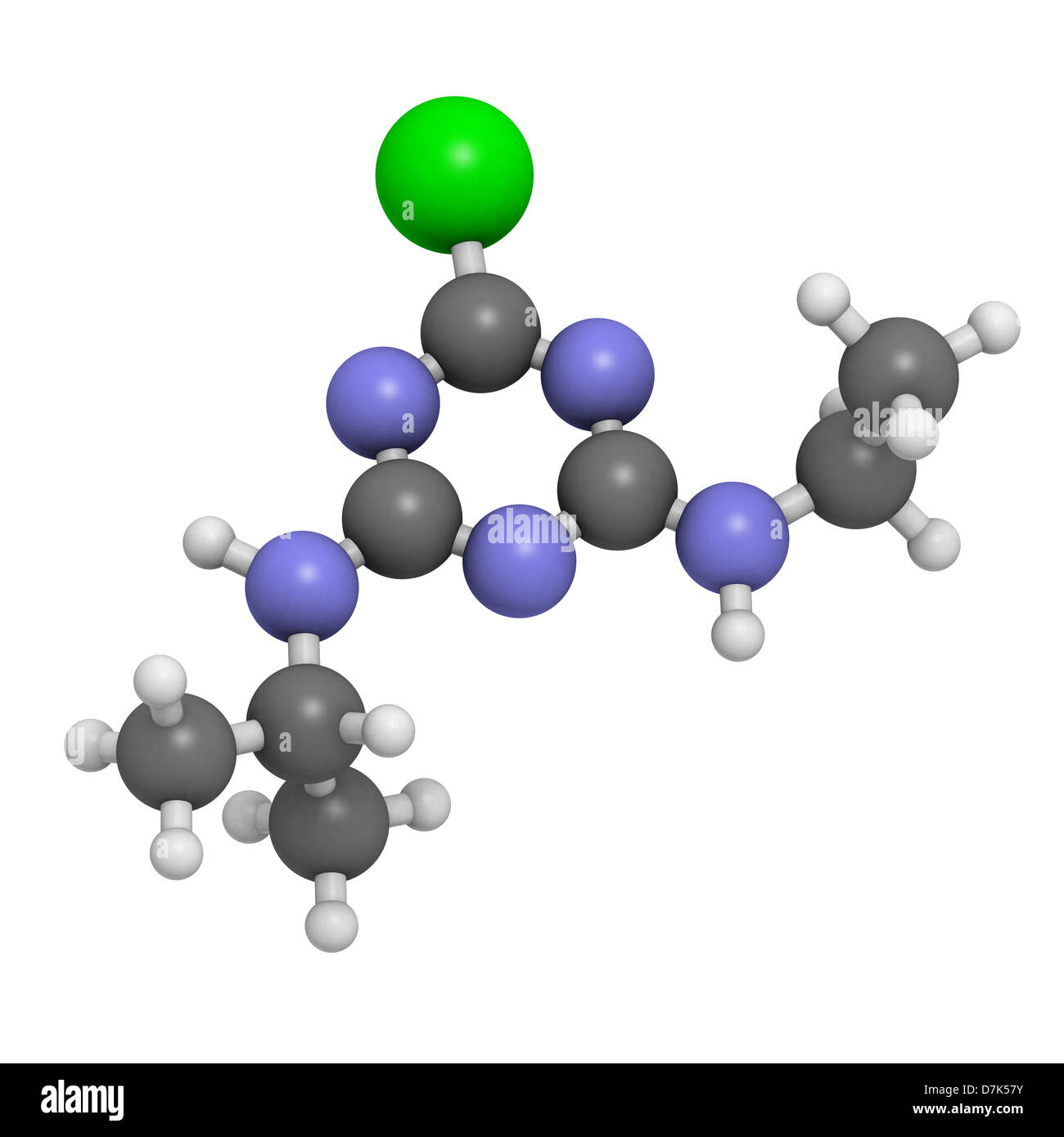 Atrazine herbicide, molecular model. Atoms are represented as spheres ...