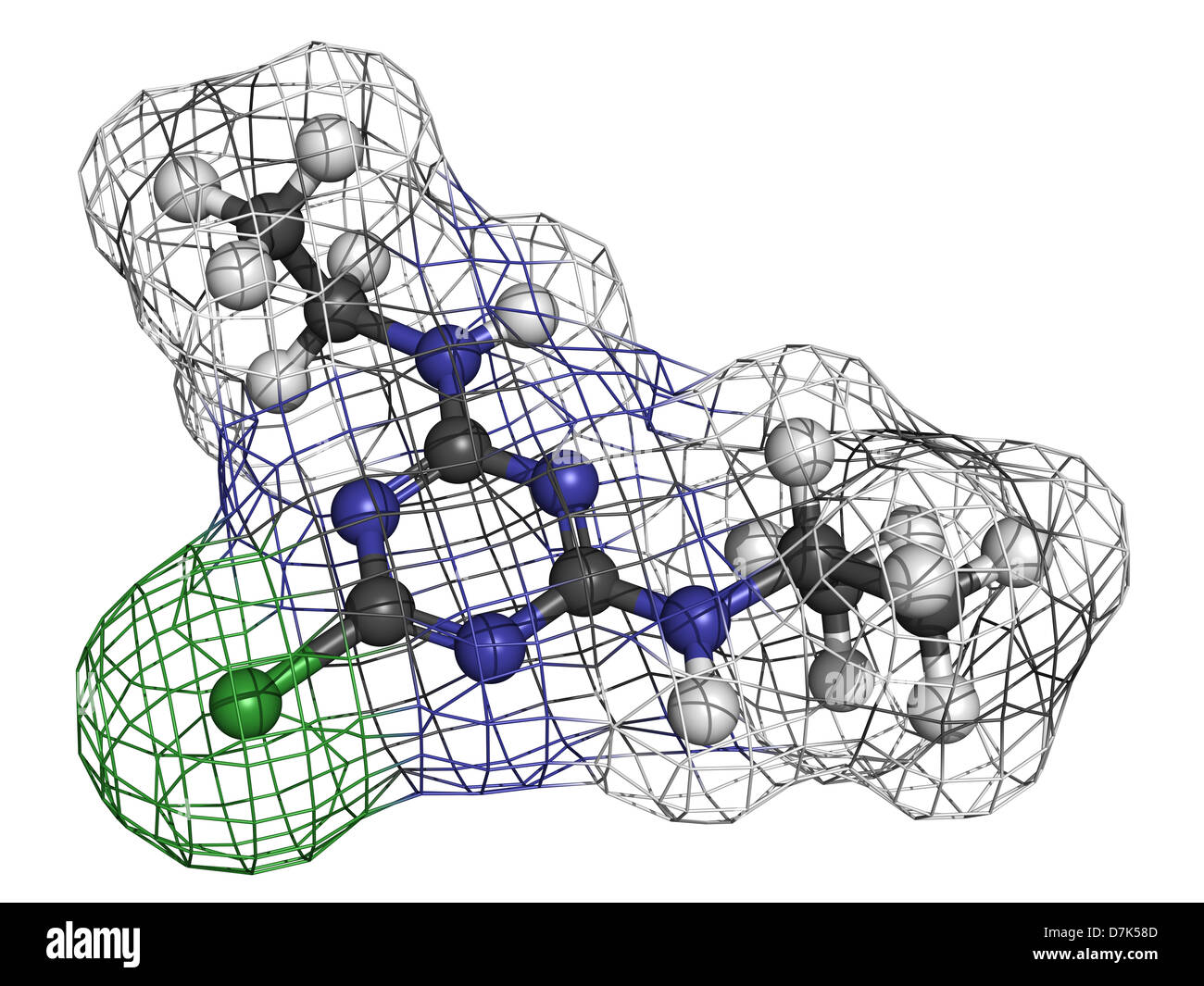 Atrazine herbicide, molecular model. Atoms are represented as spheres ...