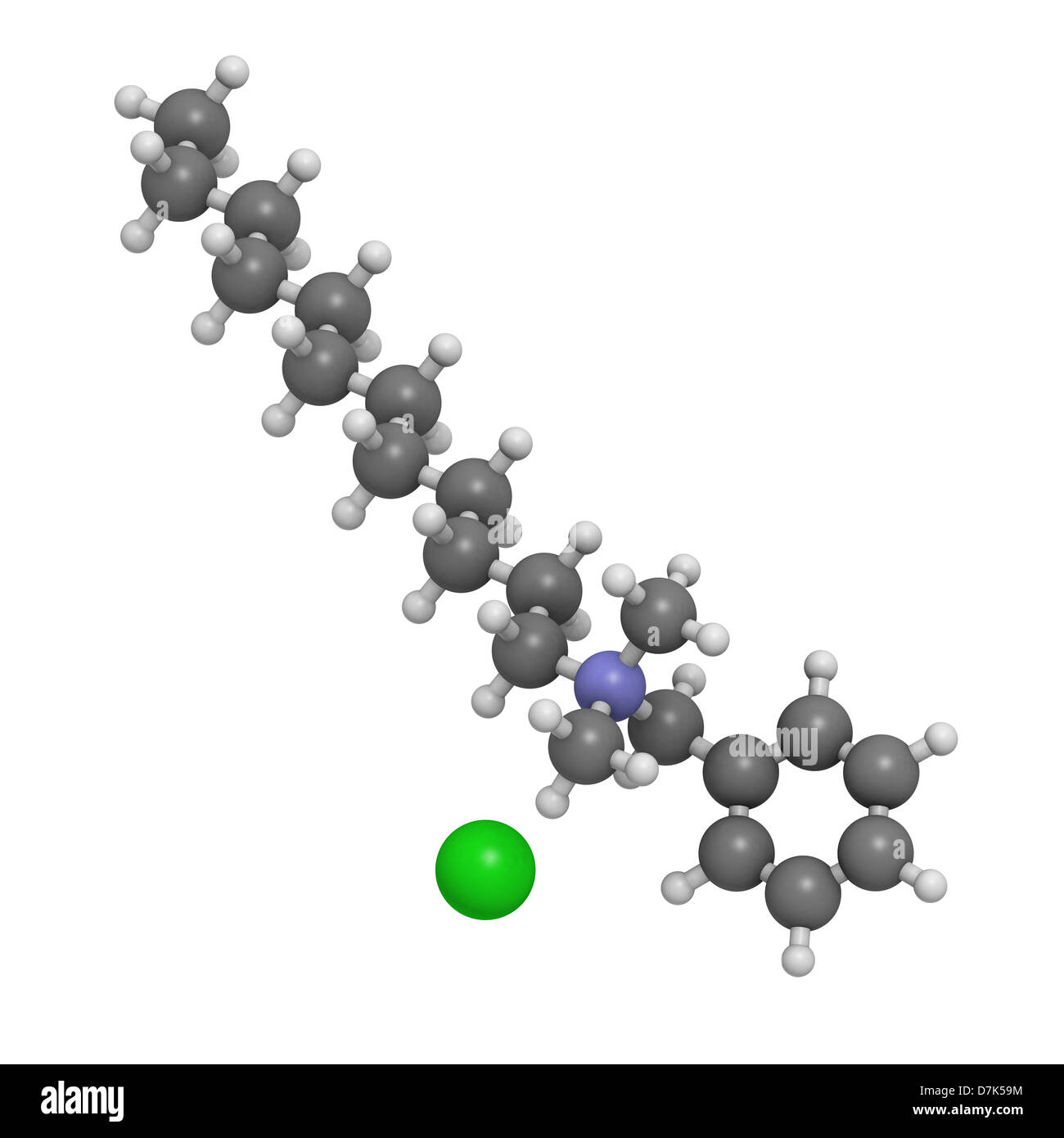 Benzalkonium chloride biocide, molecular model. Atoms are represented ...
