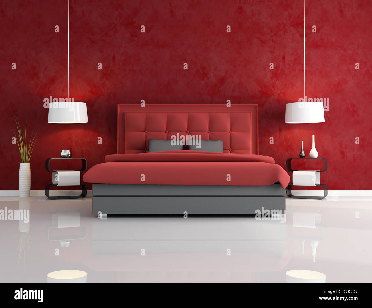 luxury red bedroom with headrest of the bed quilted - rendering Stock ...