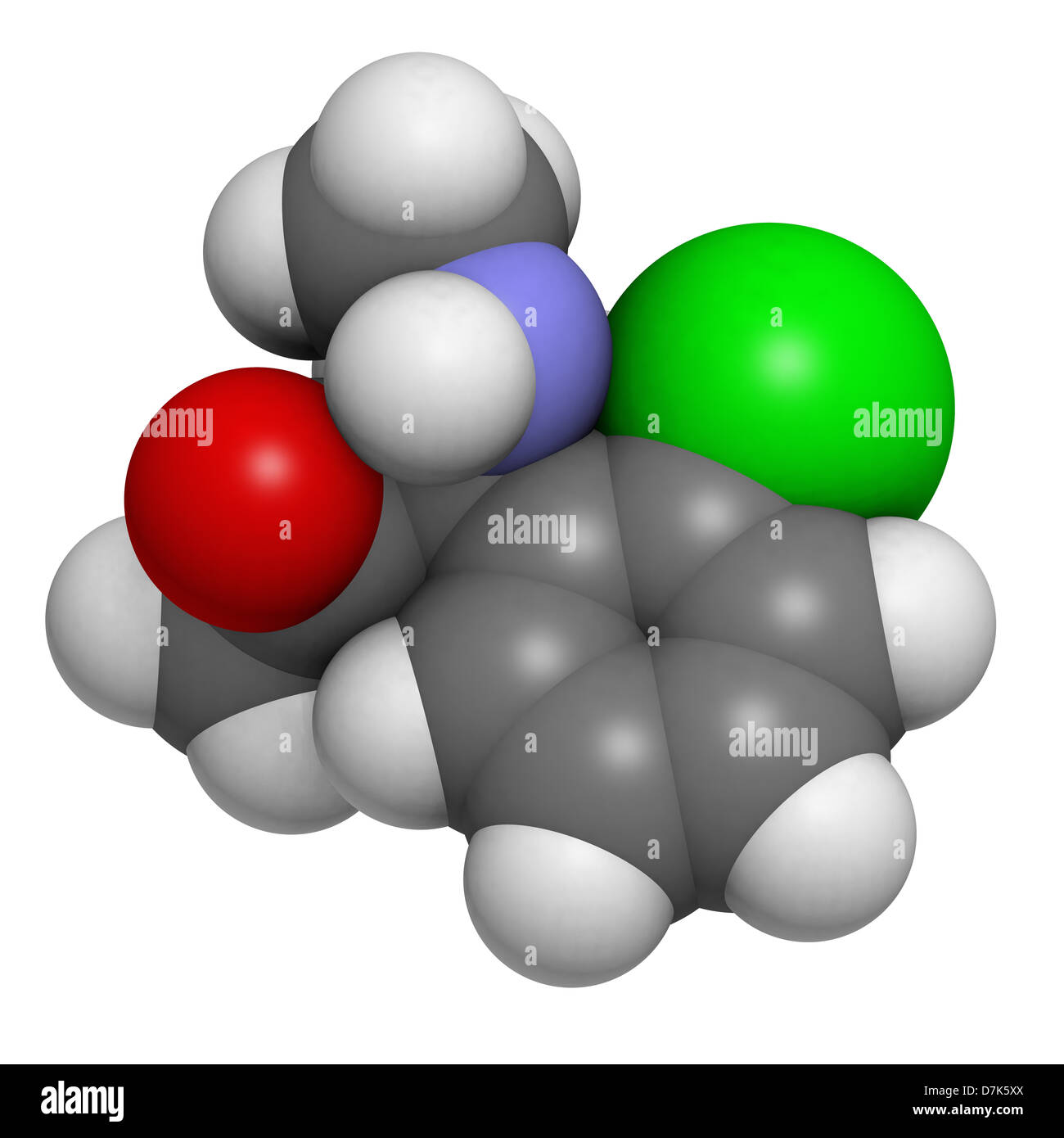 Ketamine anaesthetic drug, molecular model. Atoms are represented as ...
