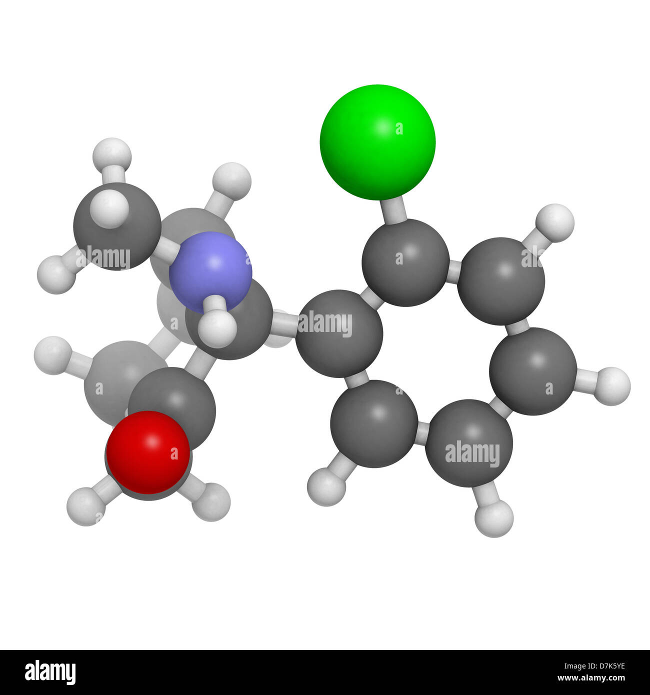 Ketamine anaesthetic drug, molecular model. Atoms are represented as ...