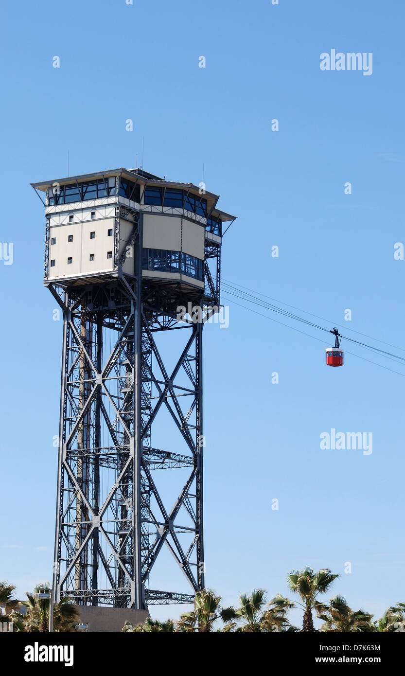 Cable car and tower of Saint Sebastian (Torre de St. Sebastia) on beach ...