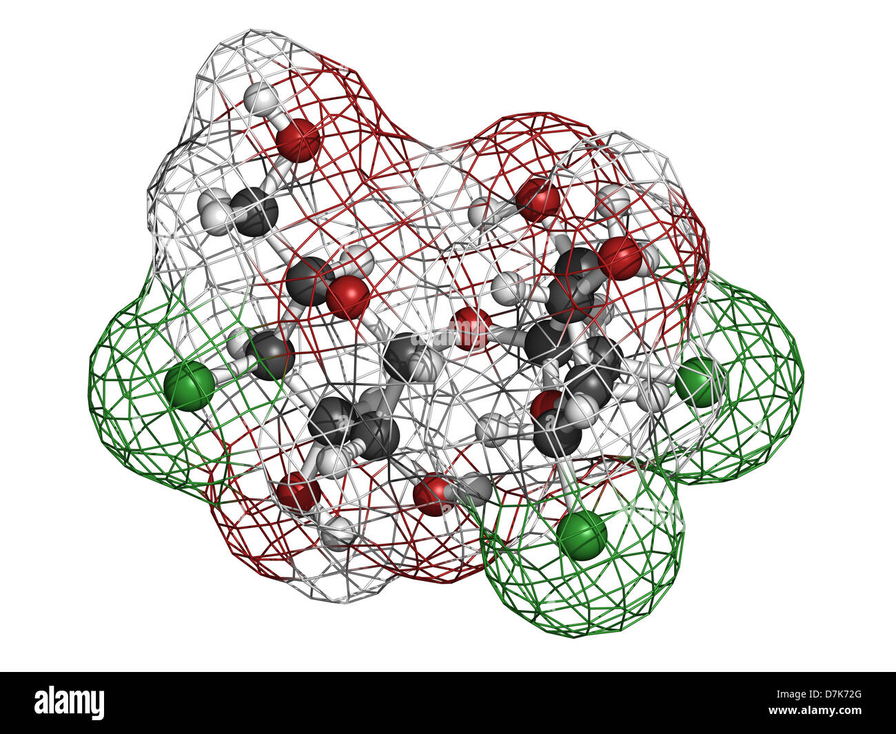 Sucralose artificial sweetener, molecular model. Atoms are represented ...