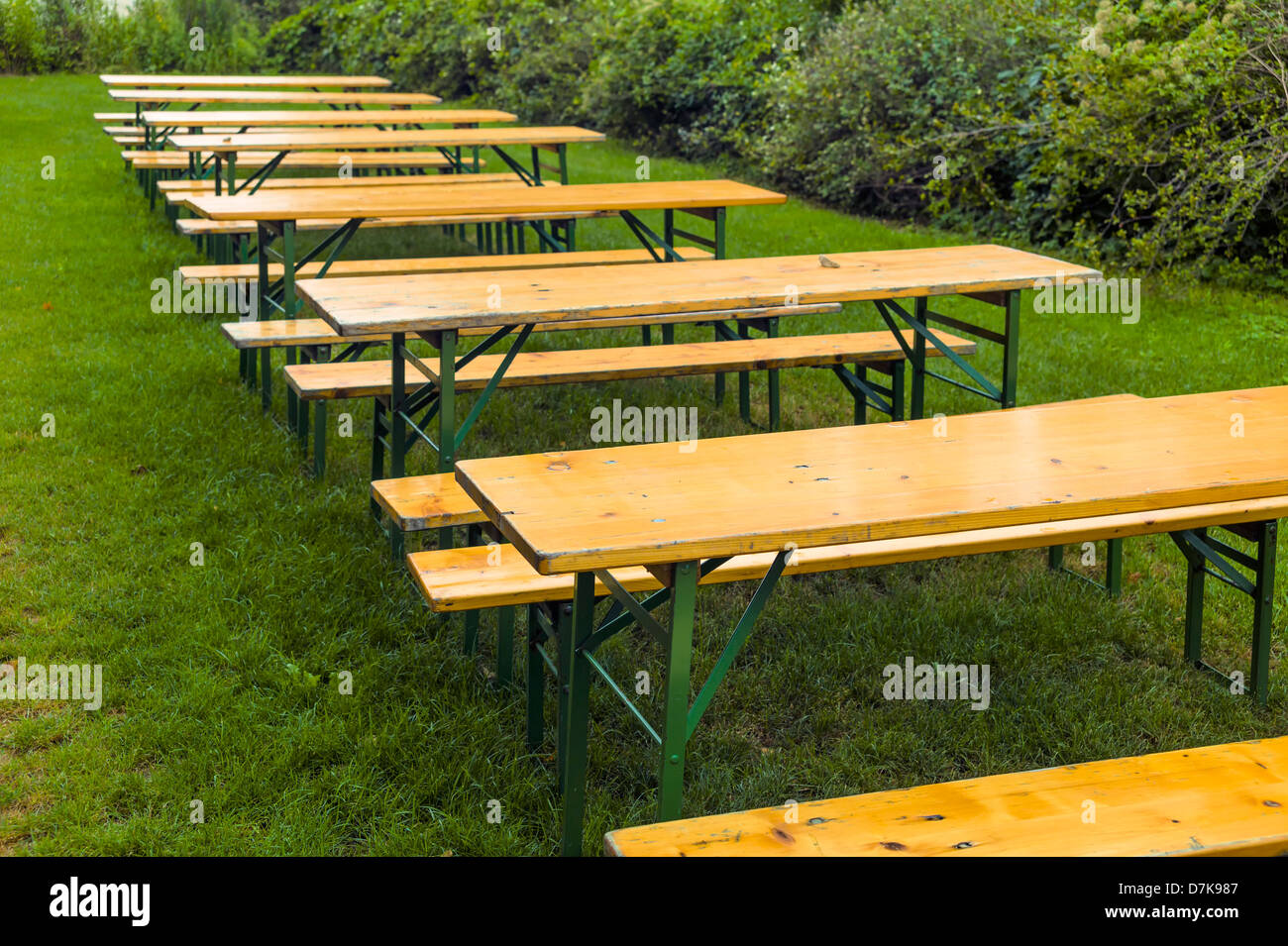 Austria, Linz, Empty beer tables in garden Stock Photo - Alamy
