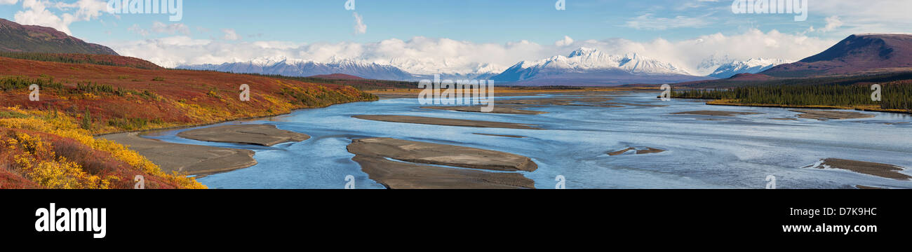 USA, View of landscape in autumn with Susitna River and Alaska Range in ...
