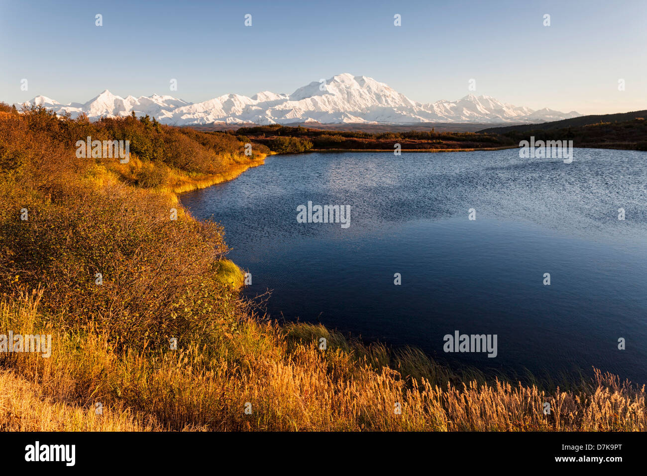 USA, Alaska, View of Mount Mckinley and reflection of pond at Denali ...
