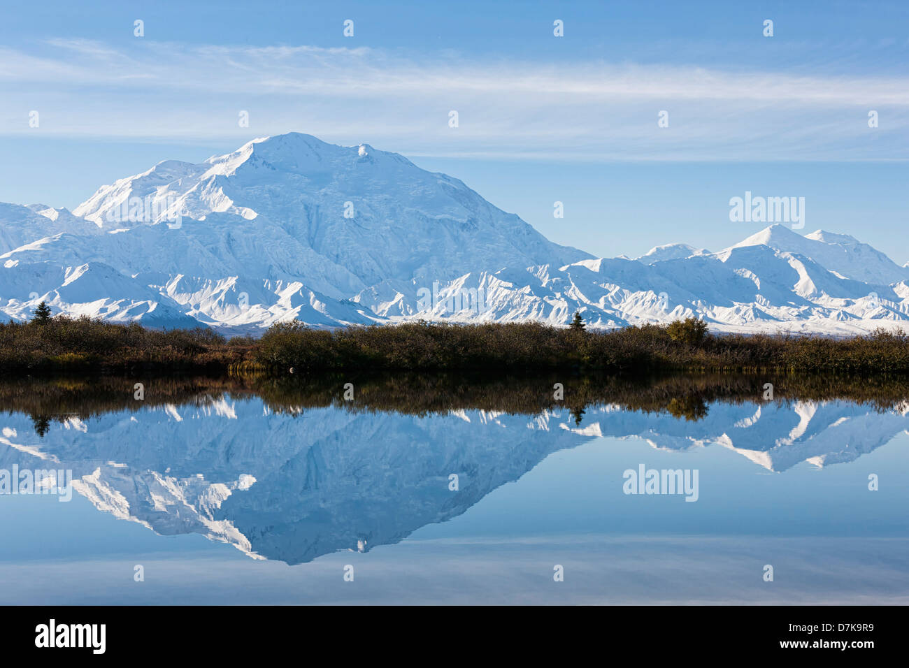 USA, Alaska, View of Mount Mckinley and reflection of pond at Denali ...