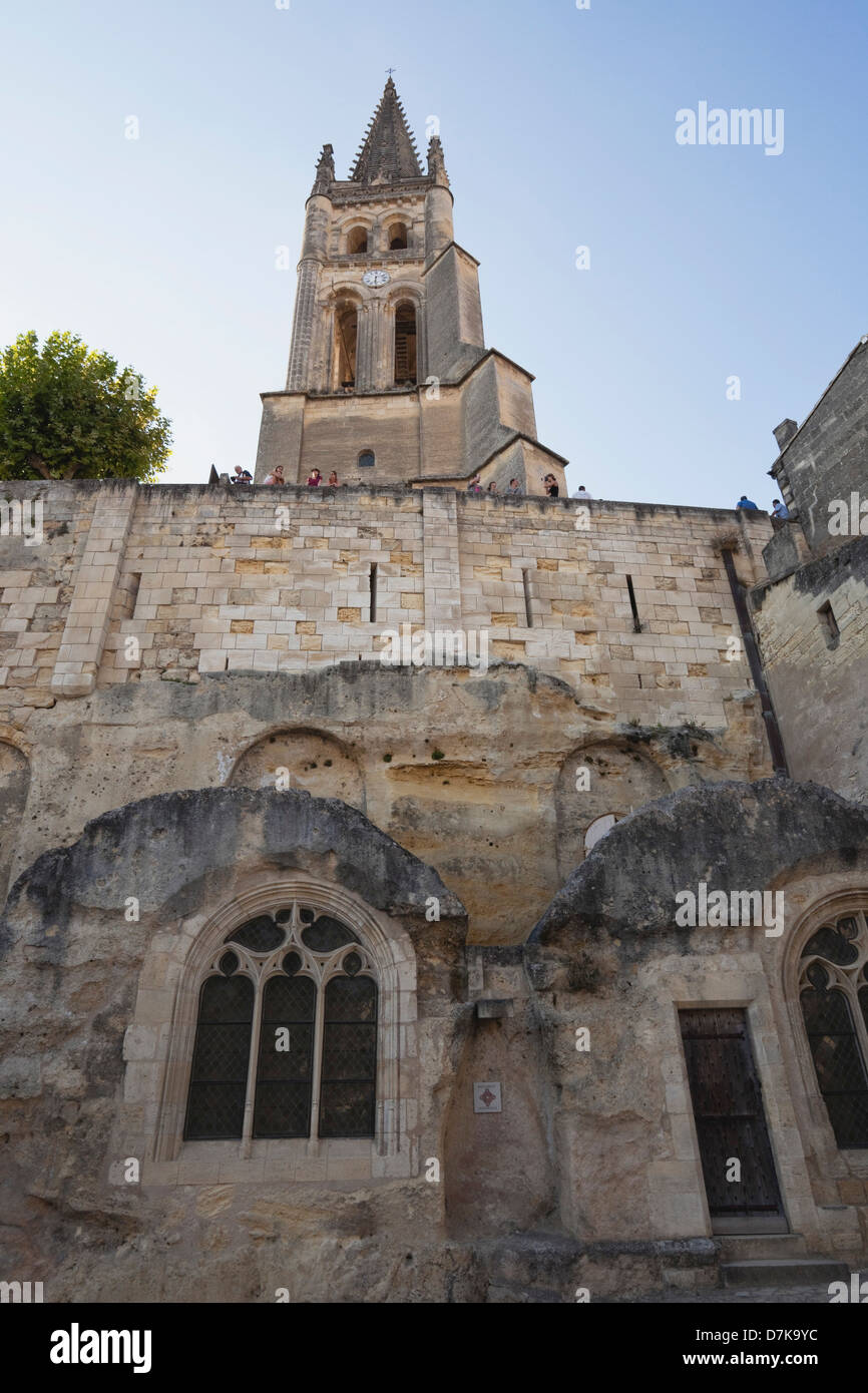 France, View of Saint Emilion and bell tower of the monolithic church ...
