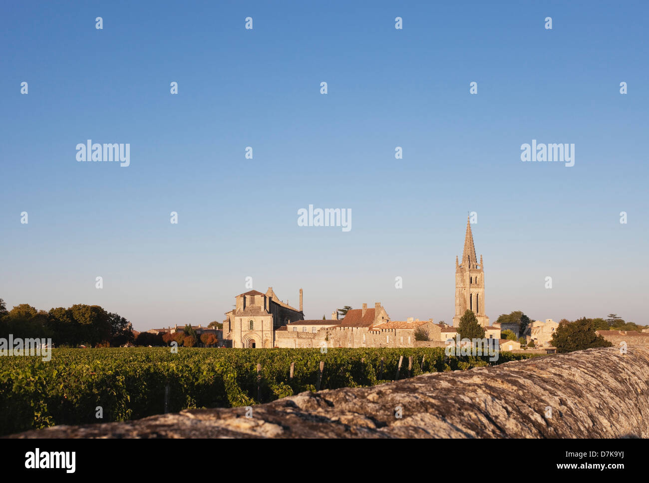 France, View of Saint Emilion and bell tower of the monolithic church ...