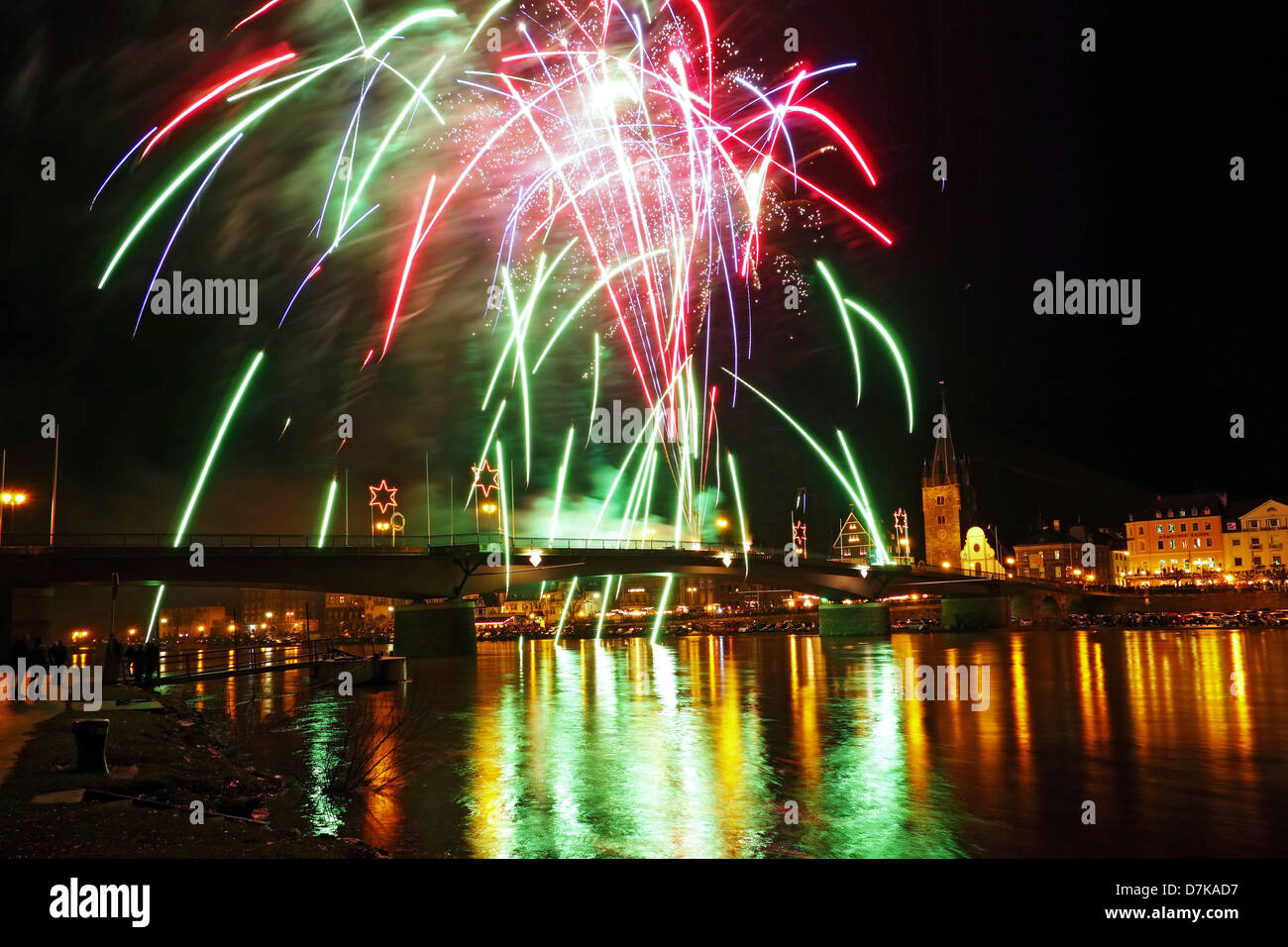 Germany, Fireworks exploding on bridge at River Mosel Stock Photo - Alamy
