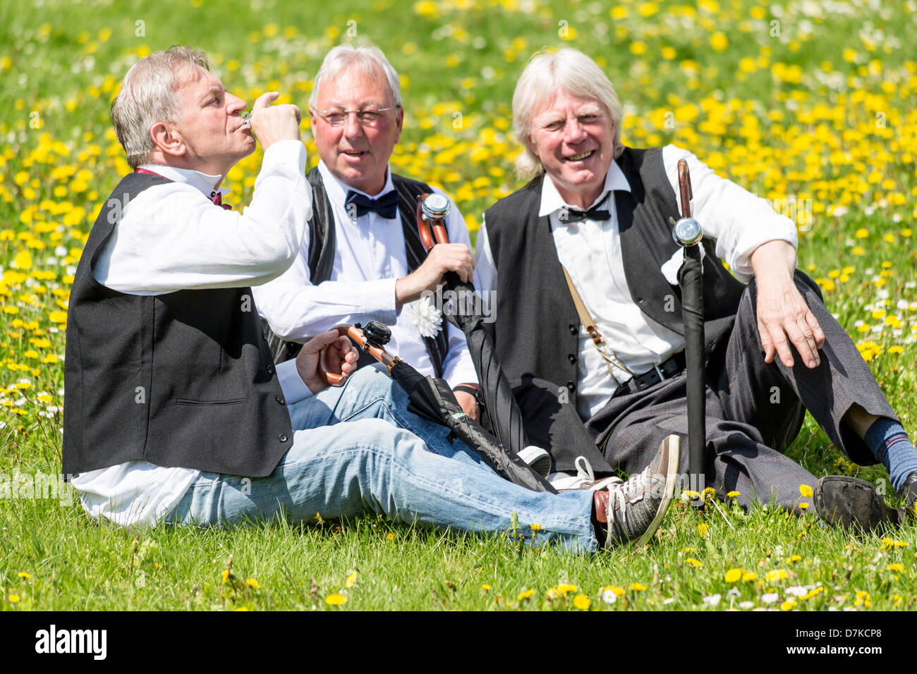 Three men celebrate Herrentag, Gentlemen's Day, in Magdeburg, Germany ...