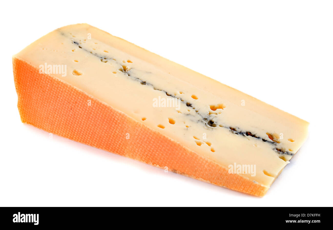 slice of french cheese morbier in front of white background Stock Photo ...
