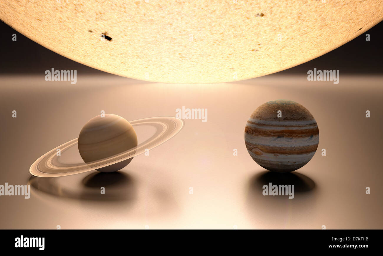 A rendered comparison of the Sun and the Planets Jupiter and Saturn ...