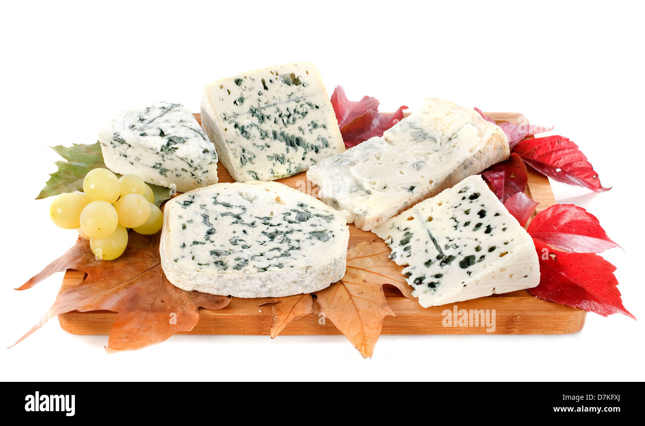 different kinds of blue cheeses in front of white background Stock ...