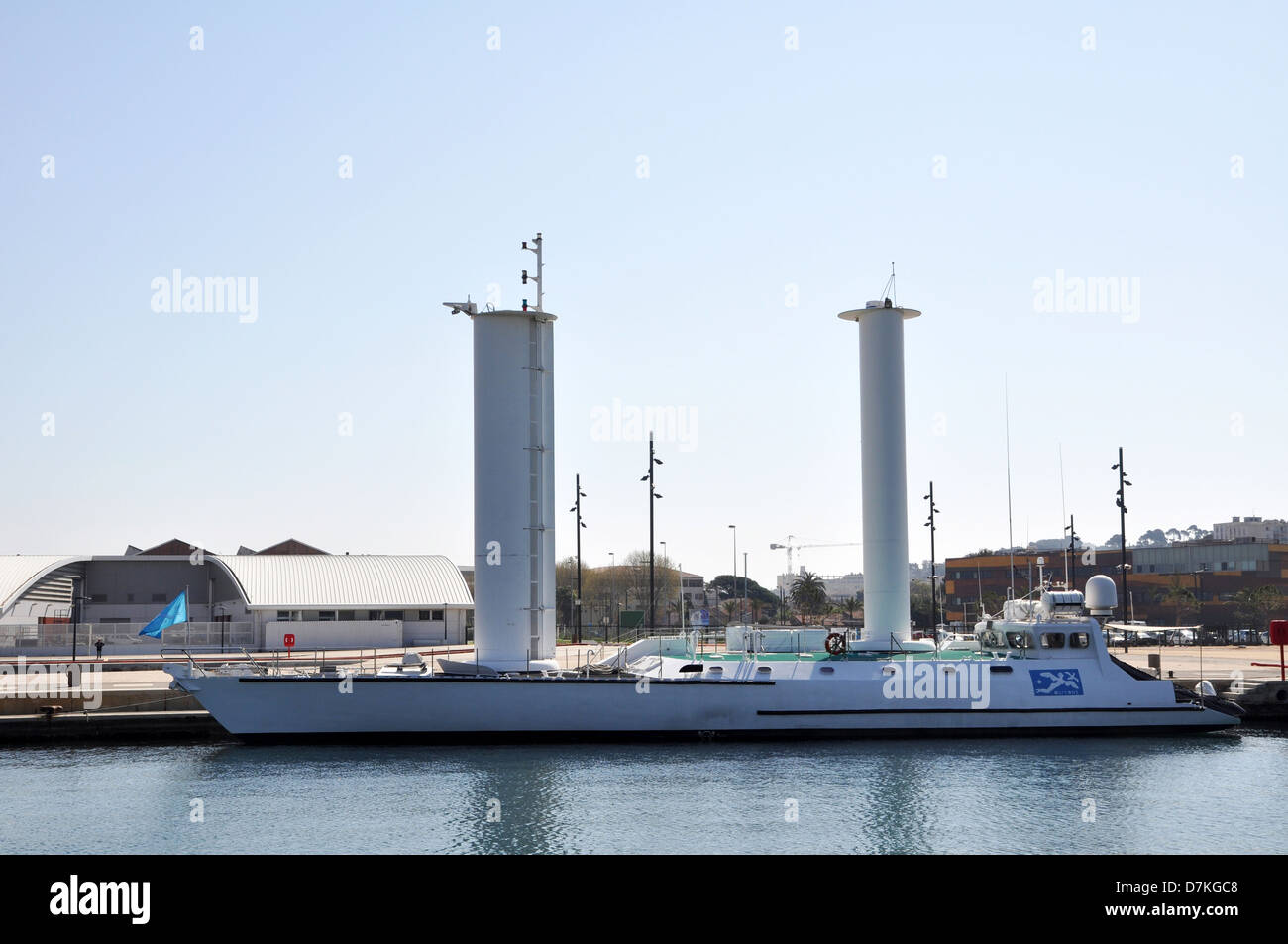 The Alcyone boat of Jacques Cousteau with the turbosail system Stock ...
