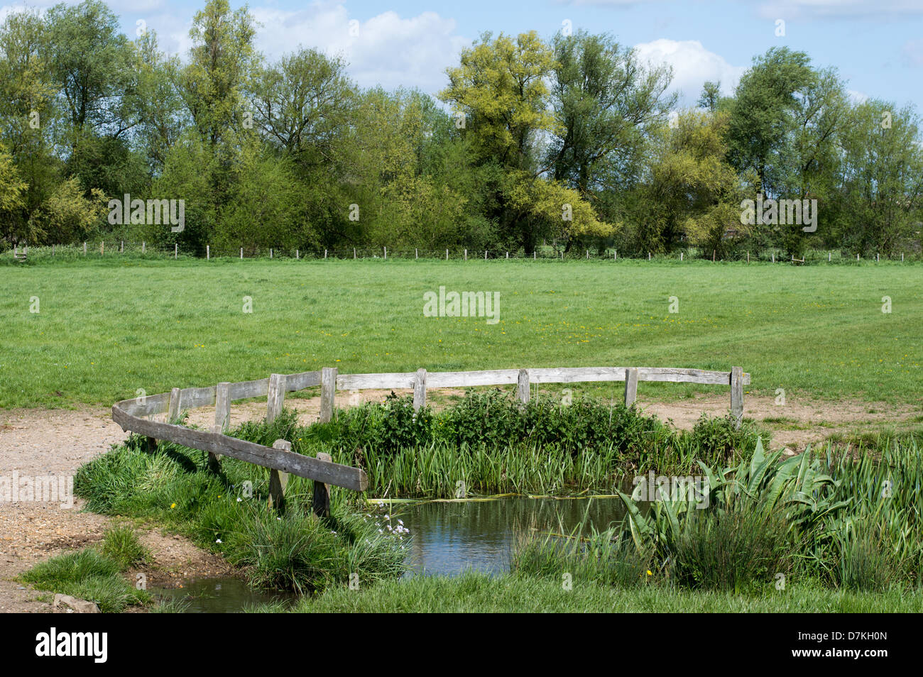 A small pond guarded by wooden fencing, in a field with trees in the ...