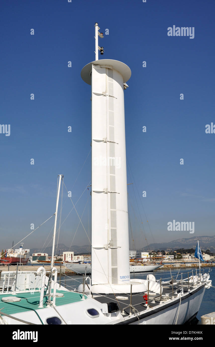 The Alcyone boat of Jacques Cousteau with the turbo sail system Stock ...