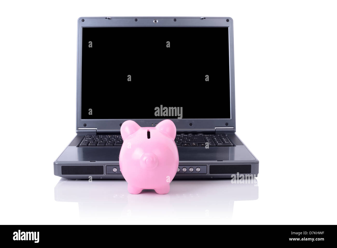 piggy bany looking at computer screen, copy space for screen. includes ...
