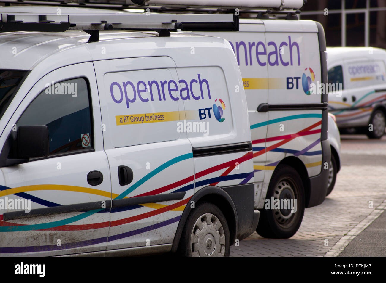 BT, British Telecom vans lined up in a car park with the Open Reach ...