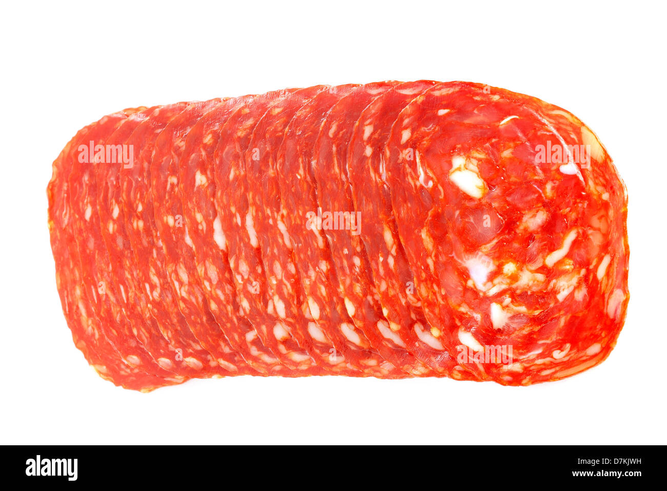 slices of chorizo in front of white background Stock Photo - Alamy