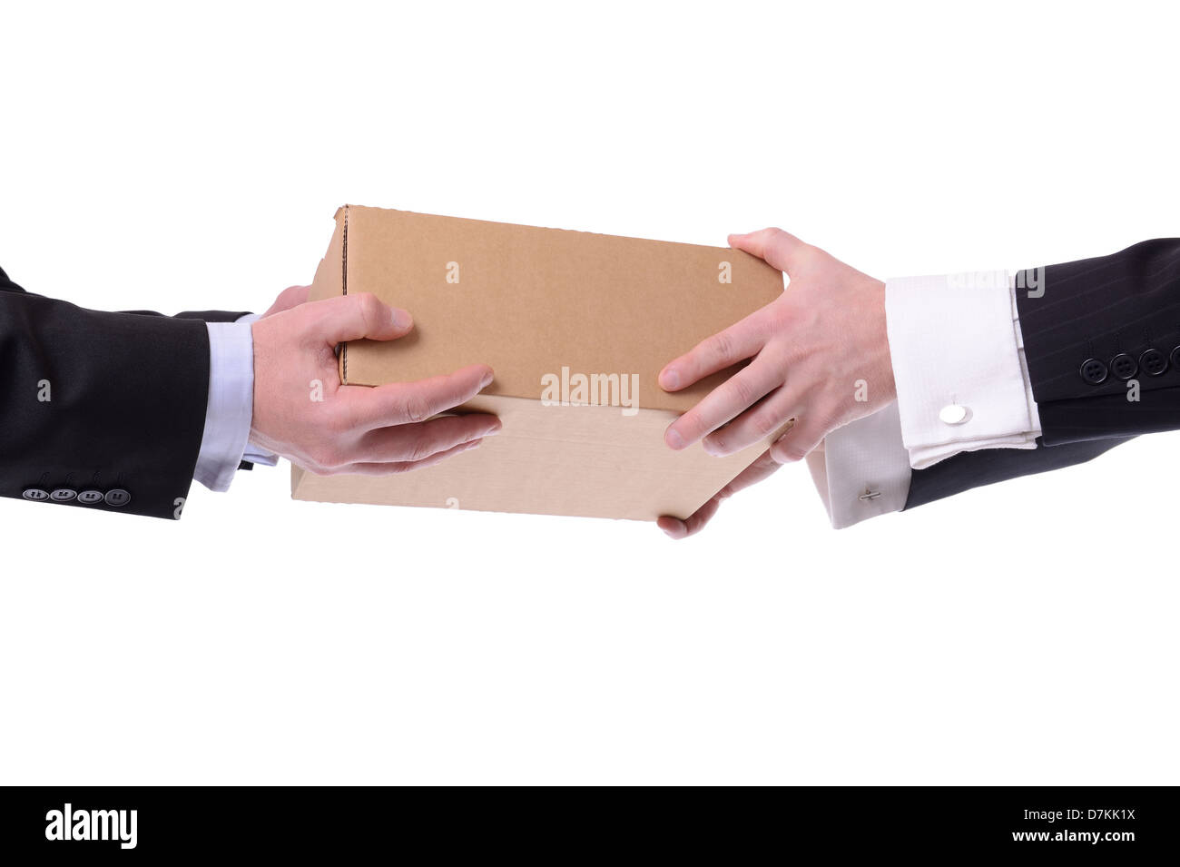 two men in suits giving and receiving a box isolated on white ...