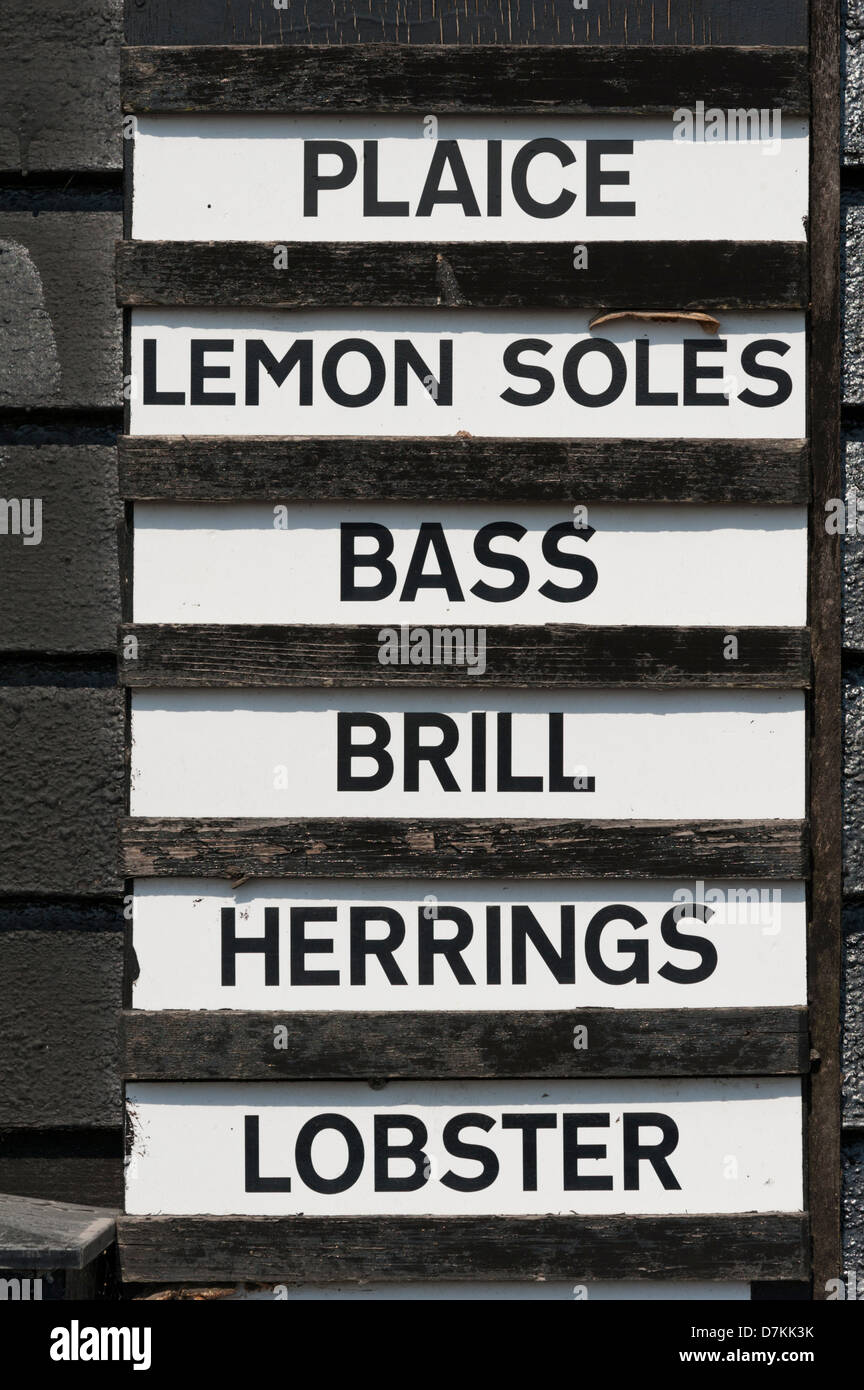 Fish for sale signs and boards outside a fish shop at Southwold Suffolk ...
