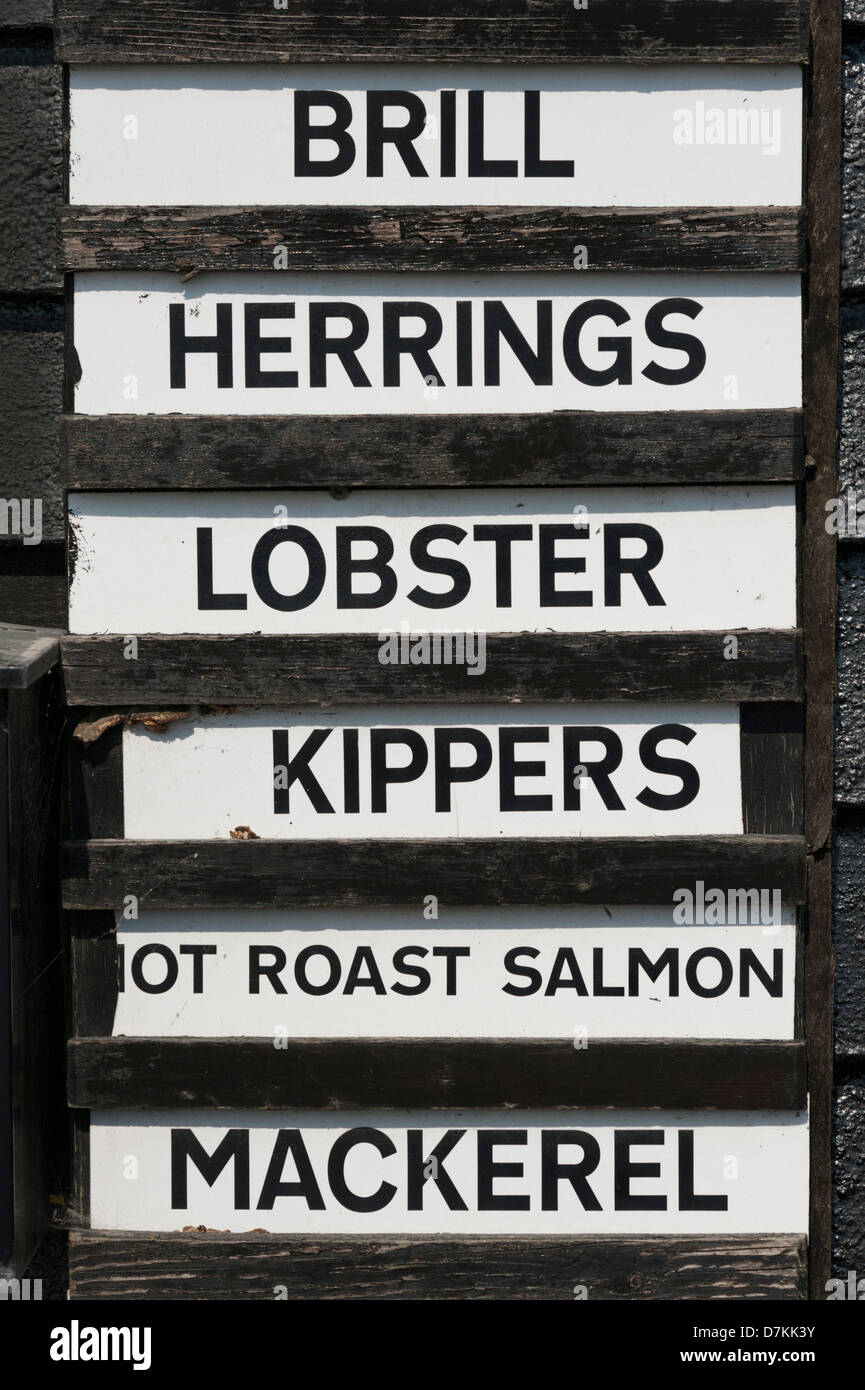 Fish for sale signs and boards outside a fish shop at Southwold Suffolk ...