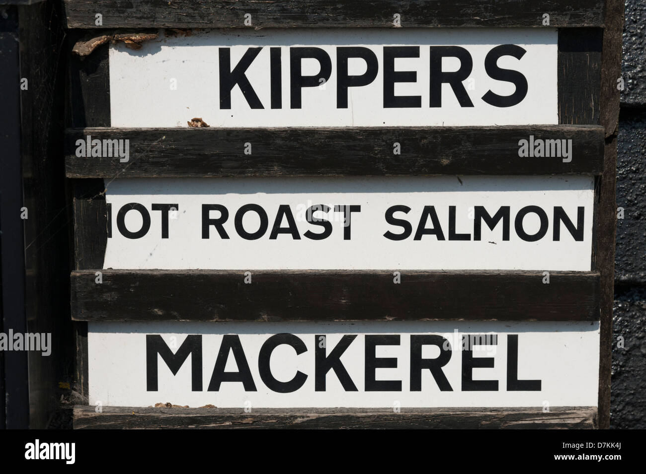Fish for sale signs and boards outside a fish shop at Southwold Suffolk ...