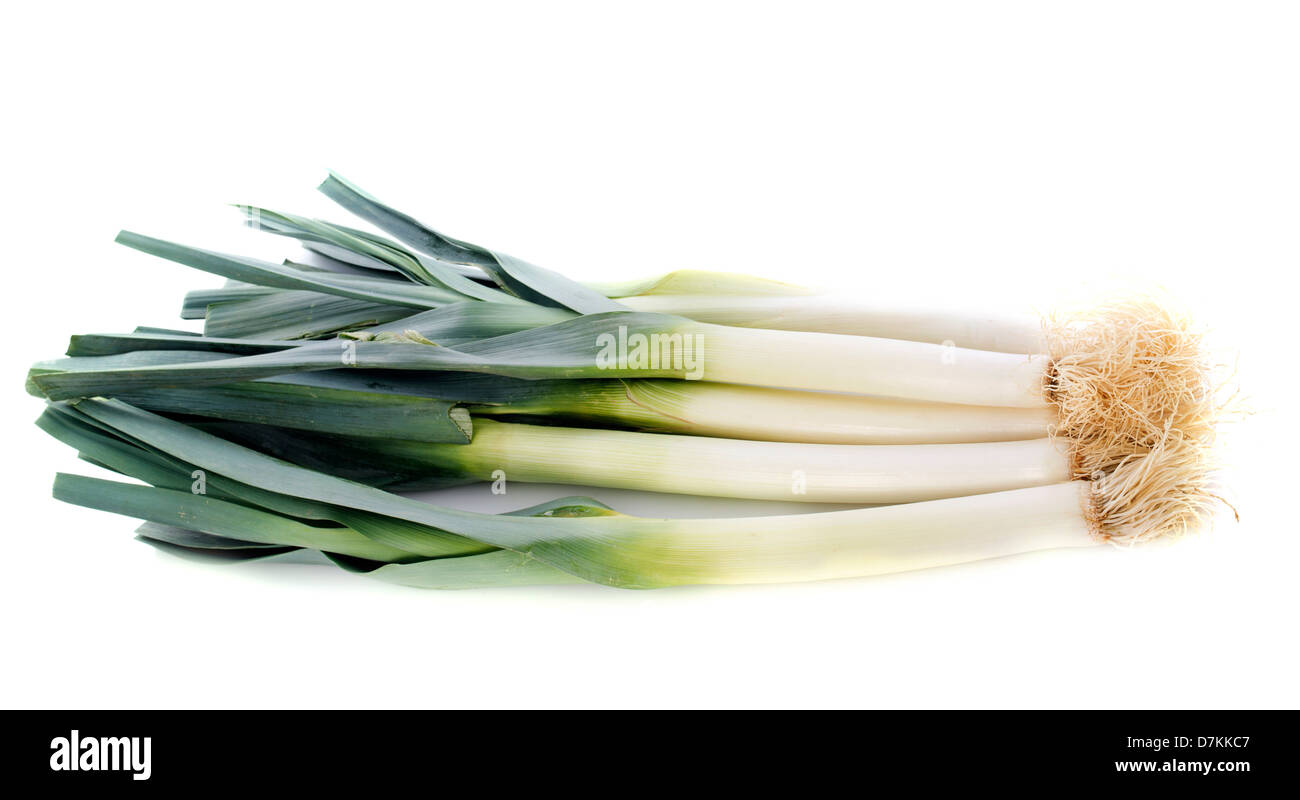 bunch of leeks in front of white background Stock Photo - Alamy